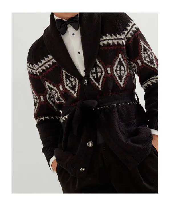 Brunello Cucinelli Geometric Jacquard Belted Cardigan