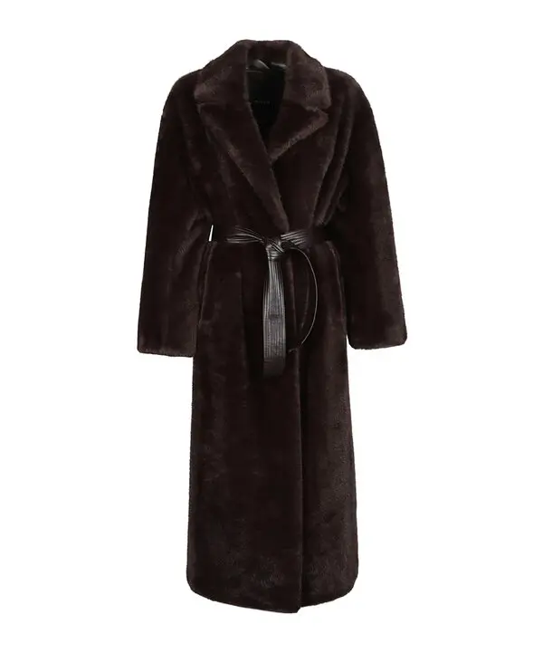 Pinko Long Faux Fur Coat With Belt - Brown