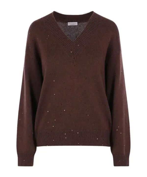 Brunello Cucinelli Sequinned V-neck Jumper - Brown