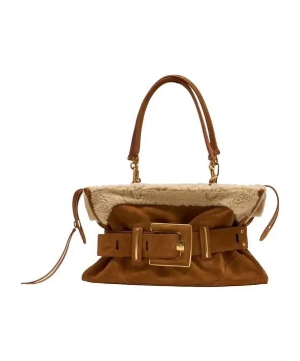 Balmain Anthem Buckled Shearling Shoulder Bag - Brown