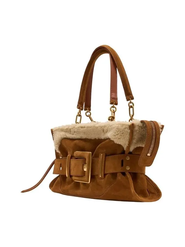 Balmain Anthem Buckled Shearling Shoulder Bag