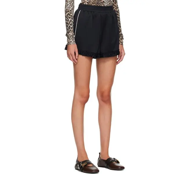 GANNI Elastic Waist Shorts With Ruffle Hem - Black