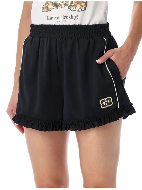 GANNI Elastic Waist Shorts With Ruffle Hem - Black