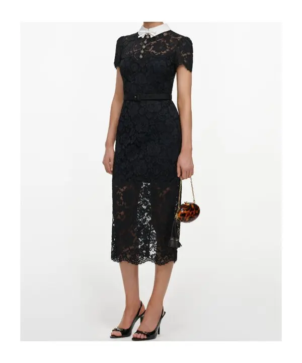 SELF-PORTRAIT Lace Contrast Collar Midi Dress