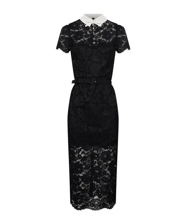 SELF-PORTRAIT Lace Contrast-collar Midi Dress - Black