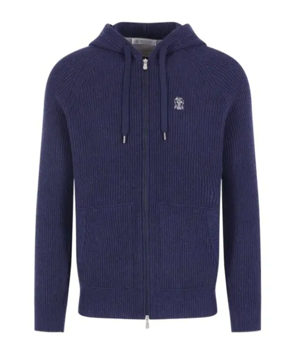 Brunello Cucinelli Logo Embroidered Zipped Cardigan - Blue