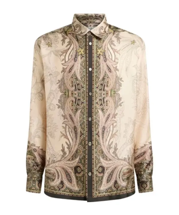 Etro Silk Twill Shirt With Placed Pegaso Print - Beige