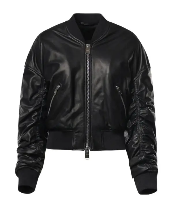 DONDUP Ruched Leather Bomber Jacket - Black