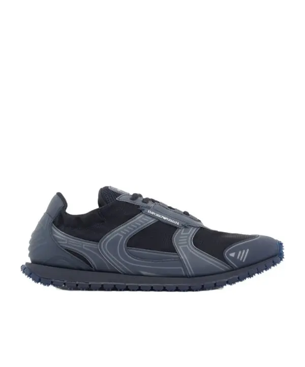 Emporio Armani Sneakers In Ripstop And Mesh With Textured Rubber Sole - Blue