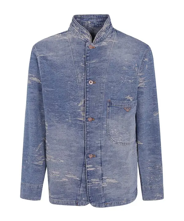 Emporio Armani Distressed Single Breasted Denim Jacket - Light Blue Denim