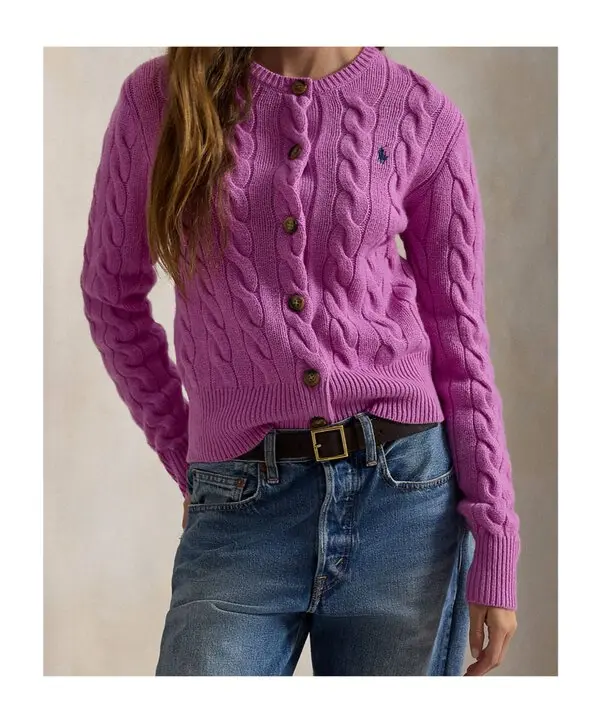 Polo Ralph Lauren Cable-knit Crewneck Cardigan With Logo Embroidery - Thistle Pink