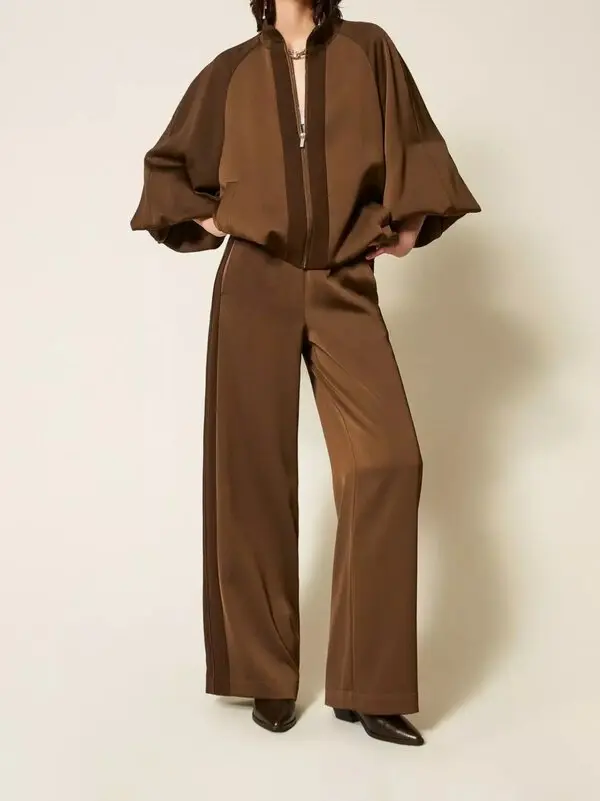 TWINSET Satin Palazzo Trousers With Matte Side Panels - Dark Brown