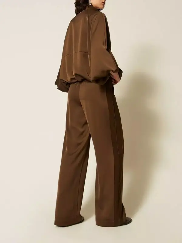 TWINSET Satin Palazzo Trousers With Matte Side Panels - Dark Brown