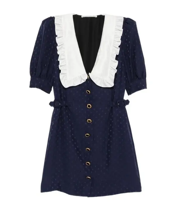 Alessandra Rich Star-jacquard Ruffled-collar Mini Dress - Navy Blue