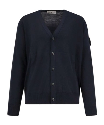 Stone Island Knitted Cardigan With Detachable Logo Patch - Blue