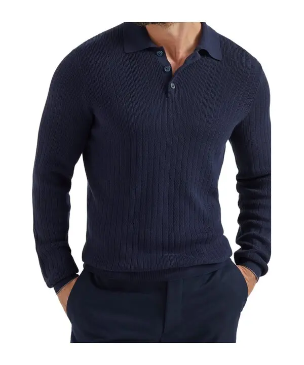 Brunello Cucinelli Long Sleeved Ribbed Polo Shirt - Navy Blue