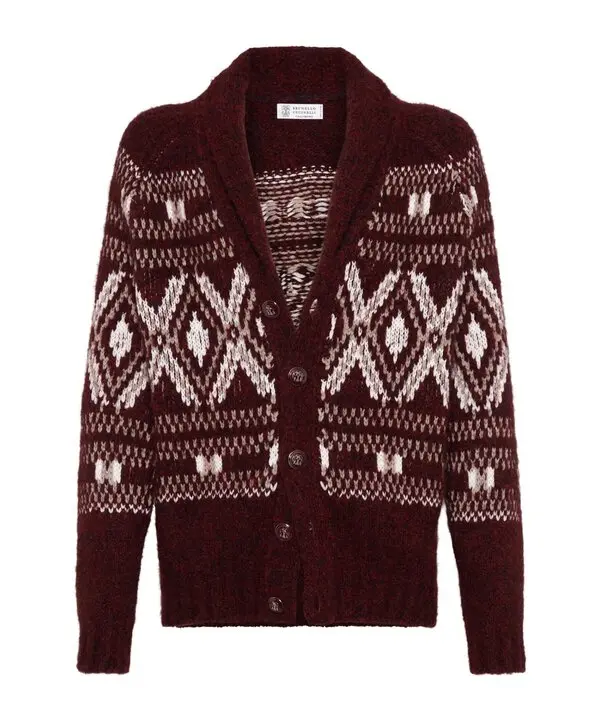 Brunello Cucinelli Shawl-collar Cardigan With Geometric Pattern - Amaranth Purple