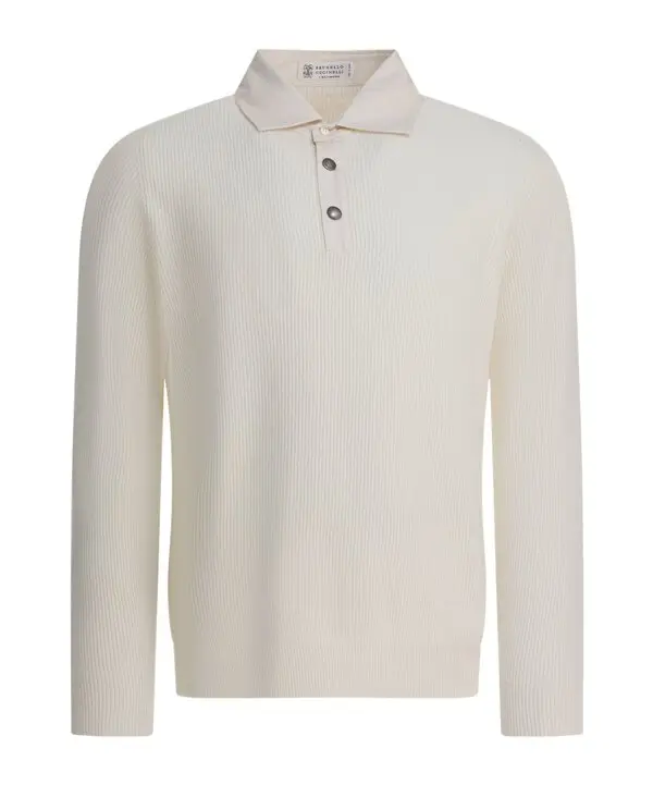 Brunello Cucinelli English Rib Knit Twill Spread Collar Polo Shirt - No