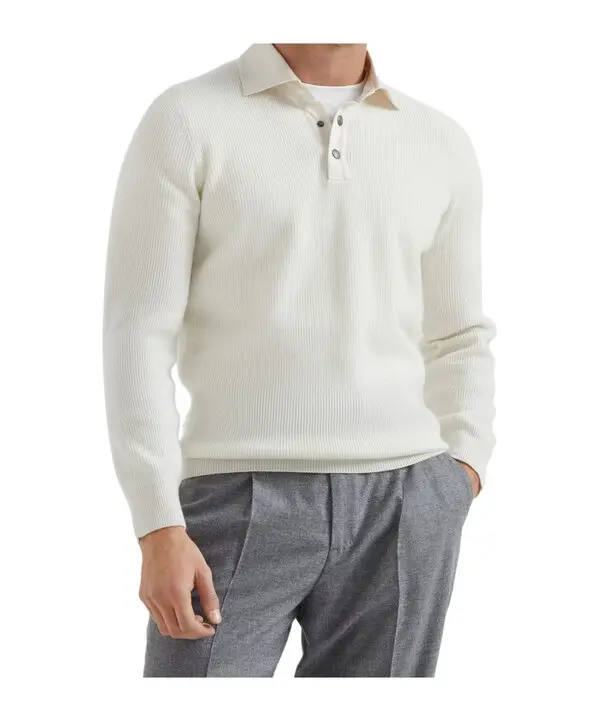 Brunello Cucinelli English Rib Knit Twill Spread Collar Polo Shirt - White