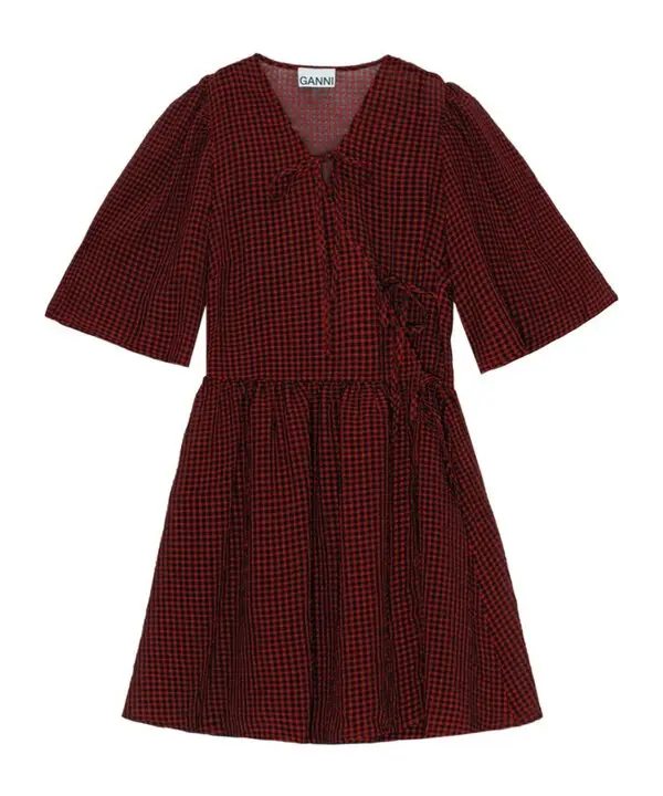 GANNI Red Sheer Tie String Wrap Dress - Winery