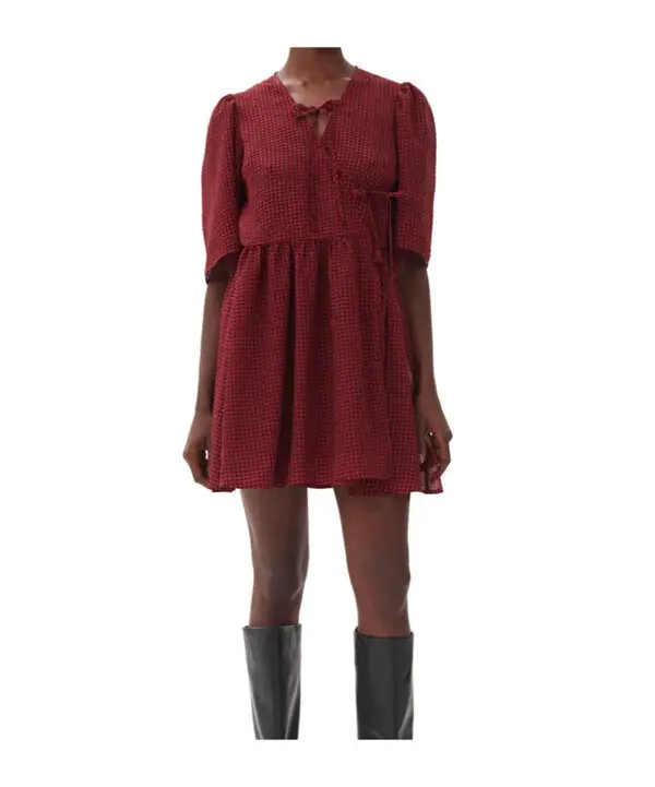GANNI Red Sheer Tie String Wrap Dress