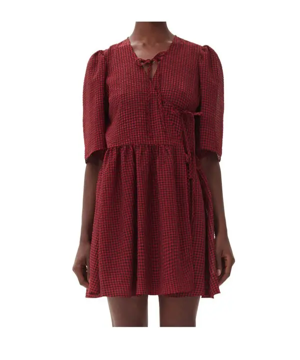 GANNI Red Sheer Tie String Wrap Dress