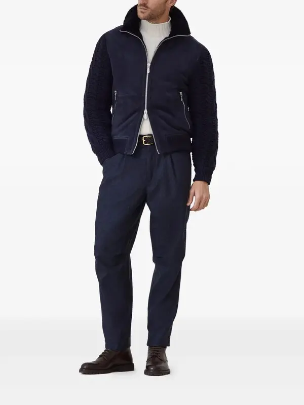 Brunello Cucinelli High-neck Zip-up Bomber Jacket With Cable Knit Sleeves