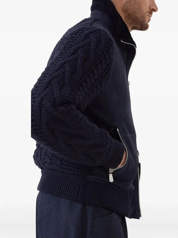 Brunello Cucinelli High-neck Zip-up Bomber Jacket With Cable Knit Sleeves