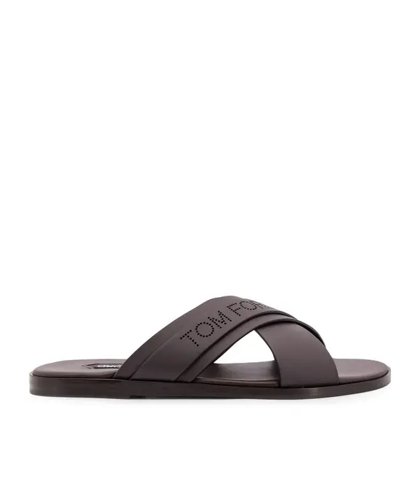 TOM FORD Logo Perforated Open Toe Sandals - Chocolate