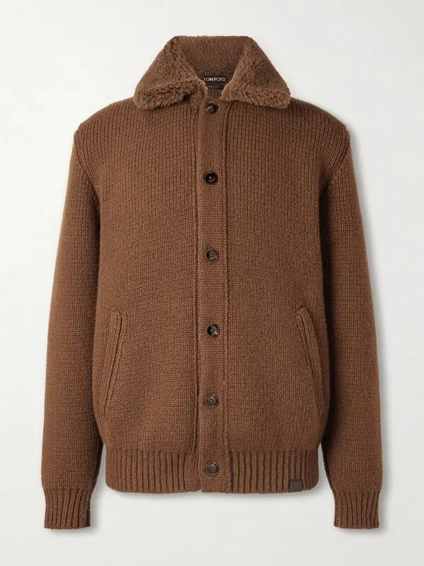 TOM FORD Bouclé-trimmed Ribbed Cashmere Cardigan - Brown
