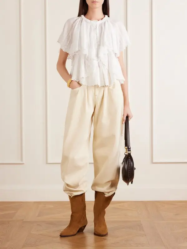 MARANT ETOILE Lorna Embroidered Cotton Blouse With Ruffled Cape - White