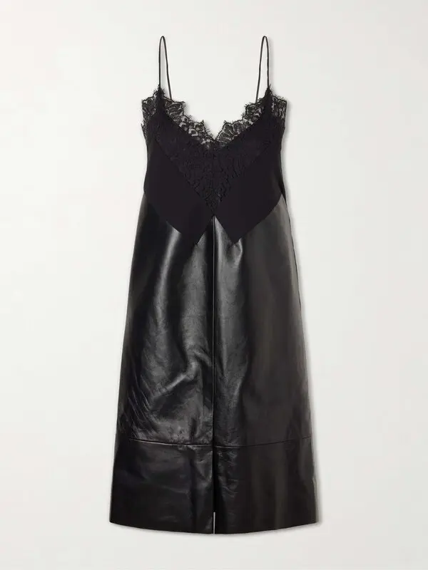 Sharon Wauchob Tulipa Gathered Lace-trimmed Jersey And Leather Midi Dress - Black
