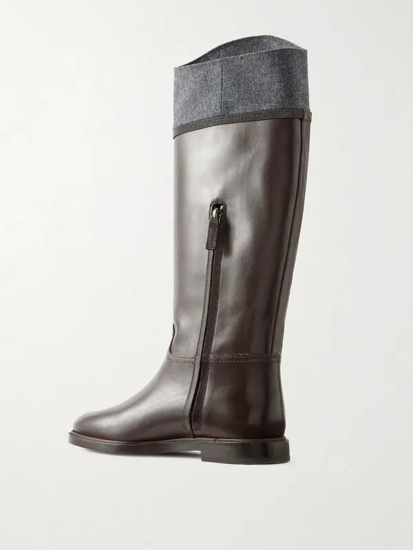 Brunello Cucinelli Leather And Wool Zip-up Boots With Monili Beading