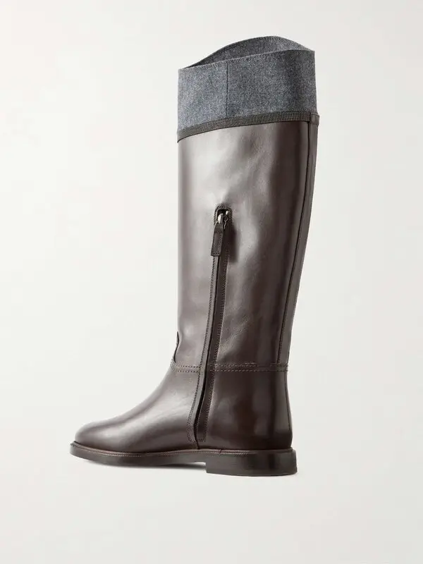Brunello Cucinelli Bead-embellished Wool-trimmed Leather Ankle Boots