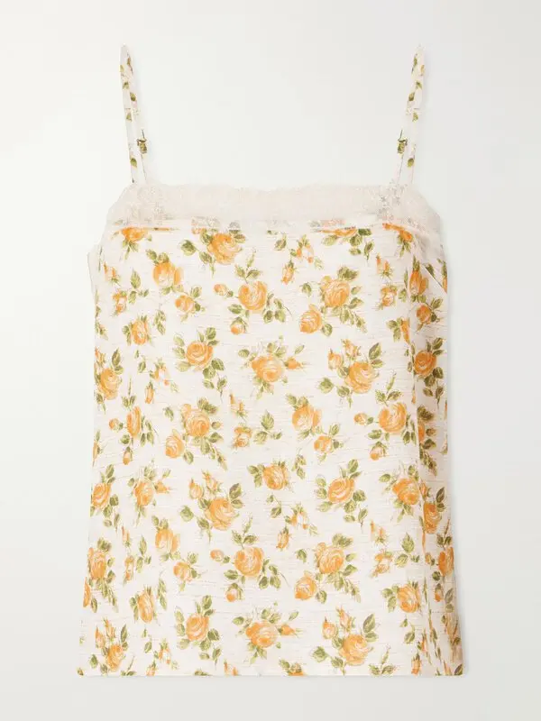 Miguelina Olympia Floral-printed Linen Camisole With Lace Trim