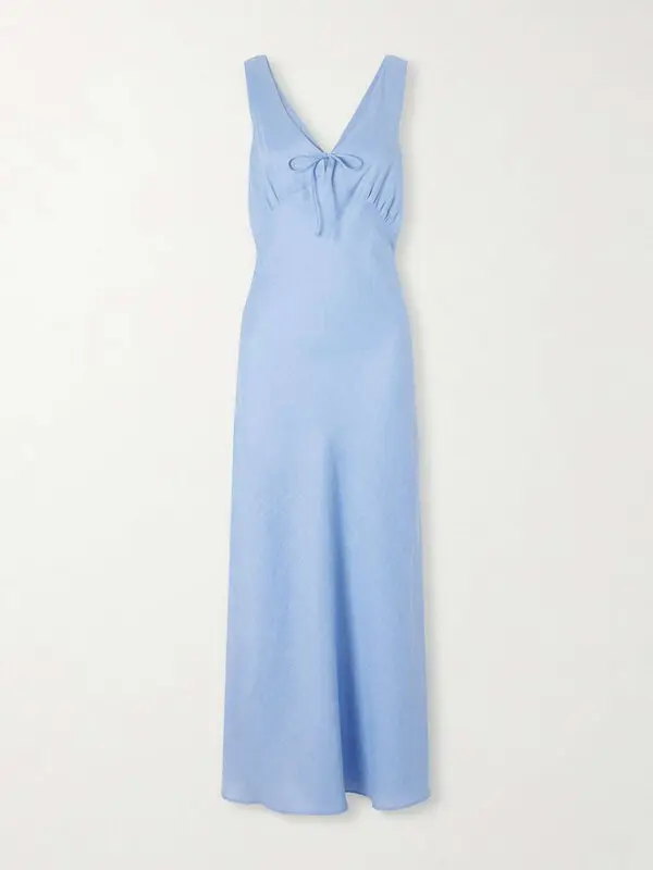 Miguelina Bow-detailed Linen-jacquard Maxi Dress - Blue