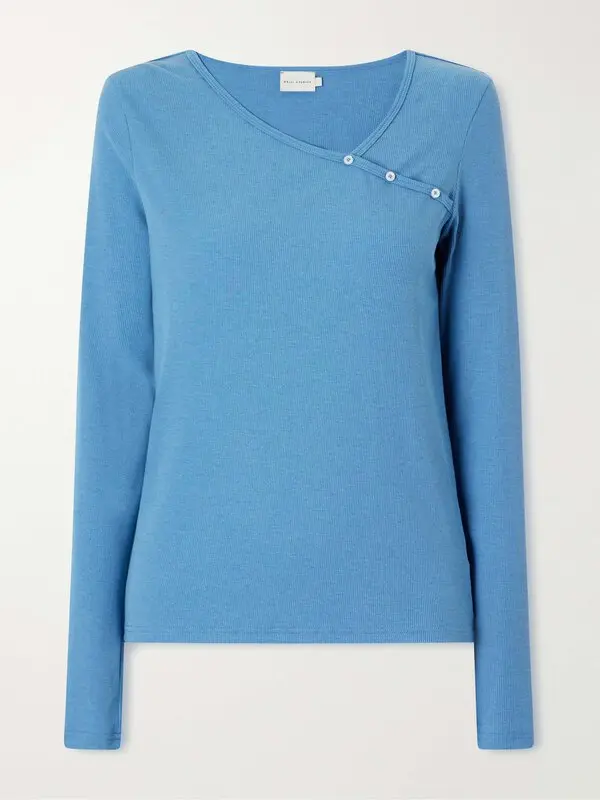DEIJI STUDIOS Button-detail Ribbed Lyocell And Wool-blend T-shirt - Blue