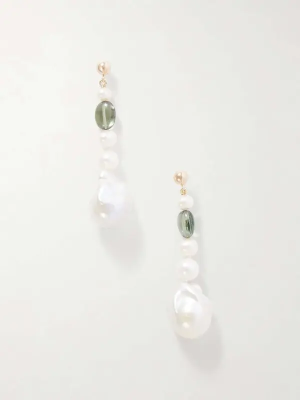 LOREN STEWART Poet 14-karat Gold, Pearl And Tourmaline Earrings - Cream