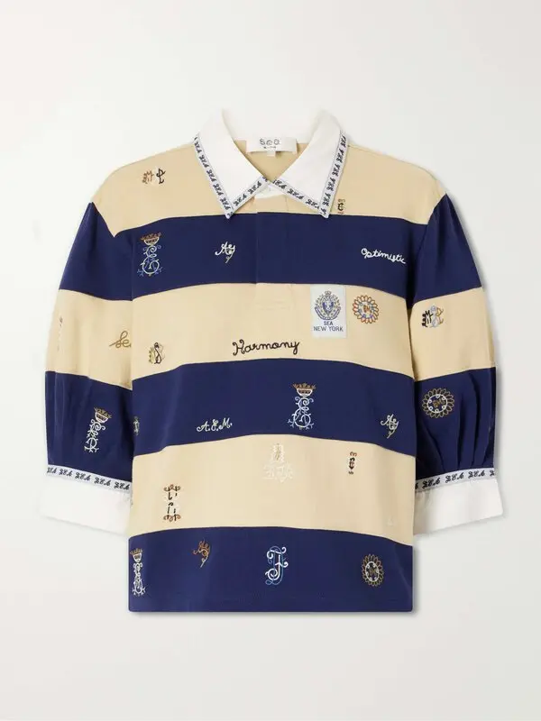 Sea Juliet Embroidered Striped Cotton-jersey T-shirt - Blue