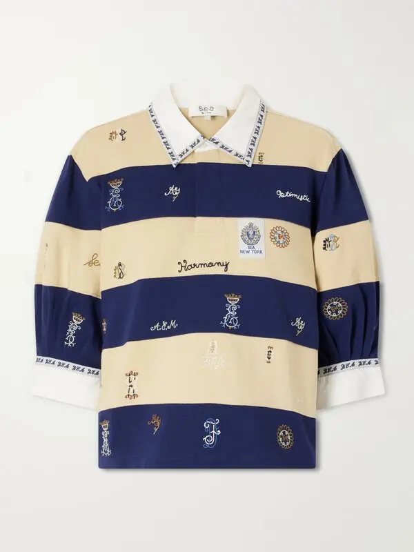 Sea Juliet Embroidered Striped Cotton-jersey Polo Shirt - Blue
