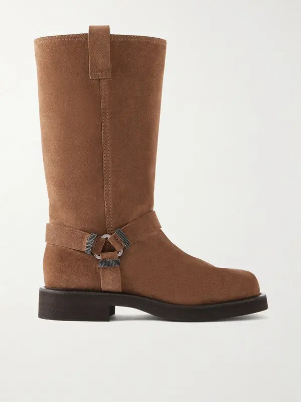 Brunello Cucinelli Suede Bead-embellished Biker Boots - Brown