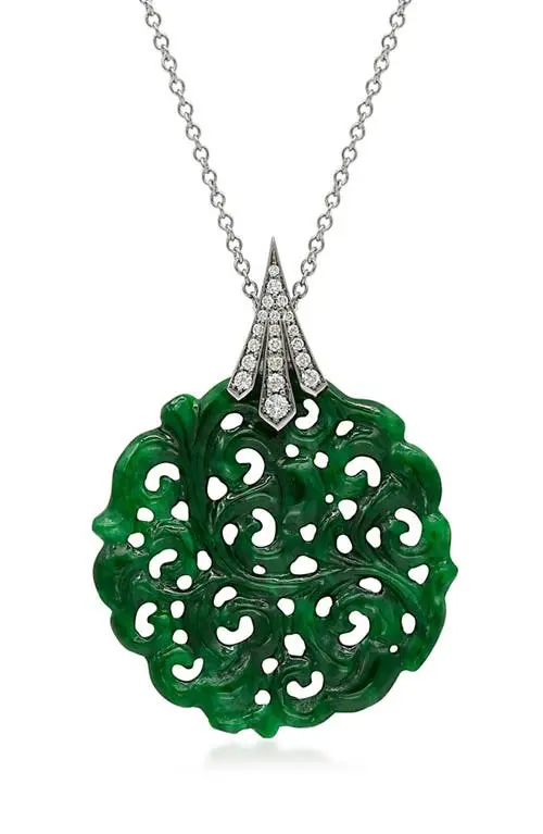 Fred Leighton Signed Carved Green Jade & Pavé Diamond Pendant Necklace - White Gold