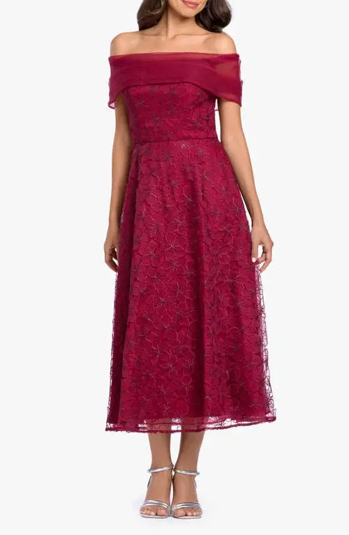 Betsy & Adam Embroidered Off The Shoulder Midi Gown - Wine