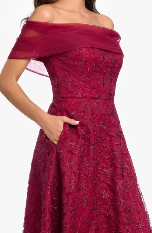 Betsy & Adam Embroidered Off The Shoulder Midi Gown