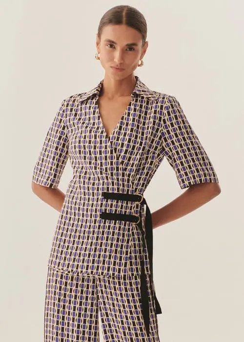 EXQUISE Madeline Belted Wrap Shirt - Blue Patterned