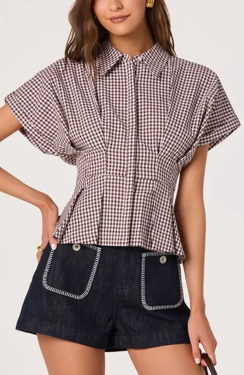 Astr The Label Beck Gingham Cotton Peplum Top - Brown Gingham