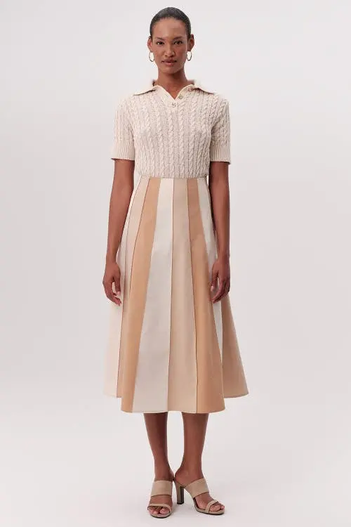 EXQUISE Nikki High Waisted Paneled Flared Midi Skirt - Beige