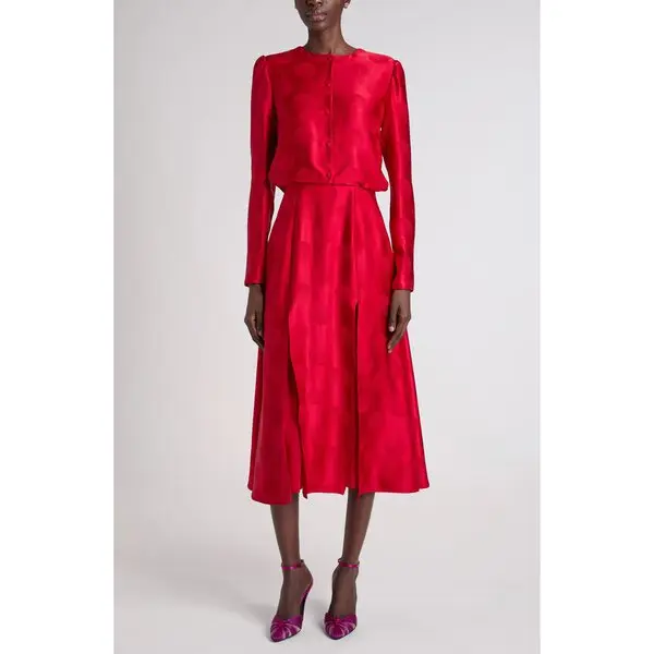 Valentino Garavani Mossi Polka Dot Jacquard Long Sleeve Silk Midi Dress - Pink