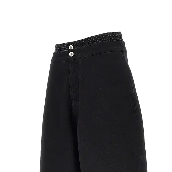 Attico Cropped Wide-leg Denim Pants With Rhinestone Embellishment