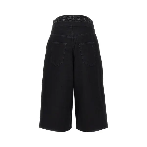 Attico Cropped Wide-leg Denim Pants With Rhinestone Embellishment